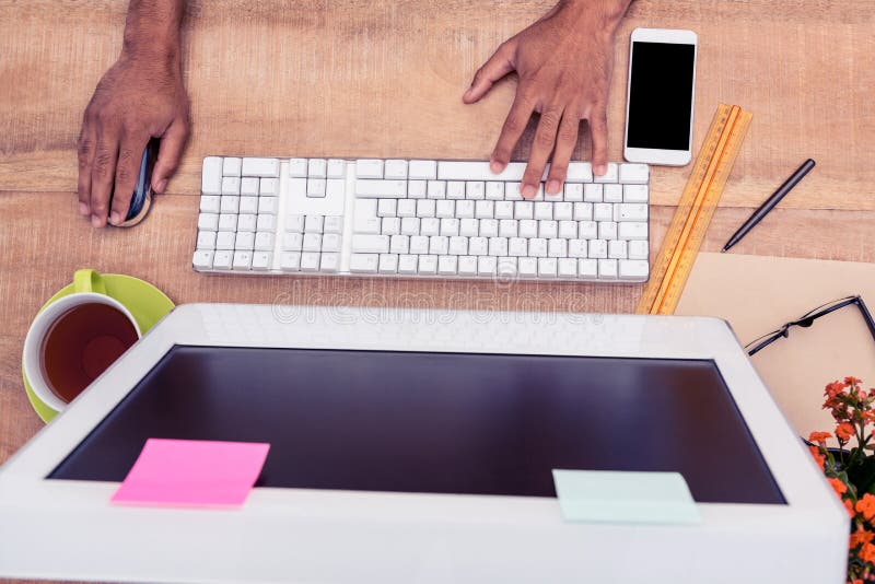 Cropped Hand Businessman Working on Computer at Table Stock Image ...