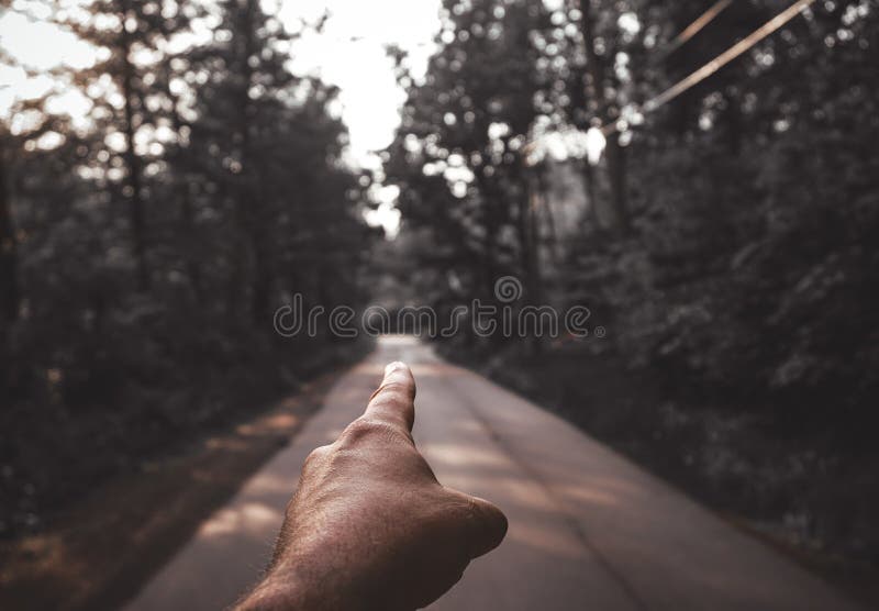 Cropped Hand Pointing Forward at a Road Stock Photo - Image of land ...