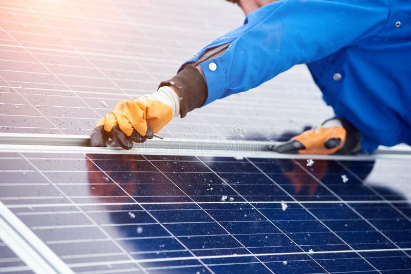 Professional Electrician Worker Installing Solar Panels Stock Photo ...
