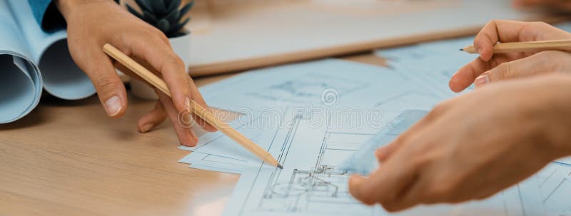 Cropped Image of Architect Engineer Hand Pointing at Blueprint ...
