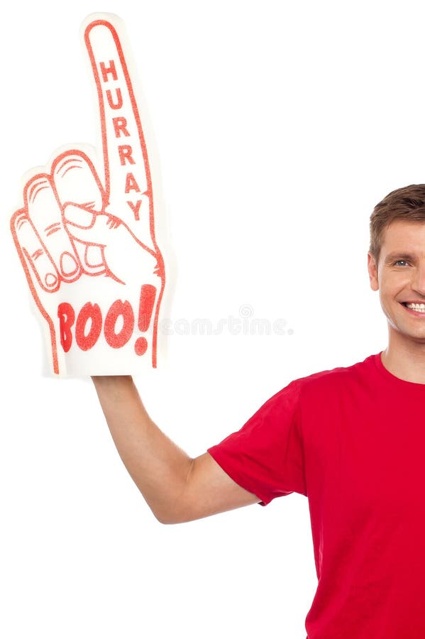 Cropped Image of a Casual Guy with Big Foam Hand Stock Image - Image of ...
