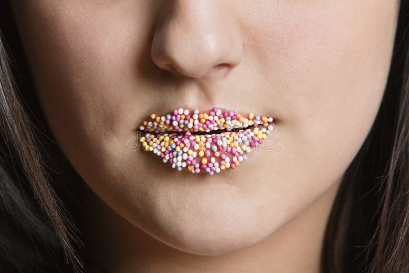 Cropped Image of Caucasian Woman with Sprinkle Candy Lips Stock Photo ...