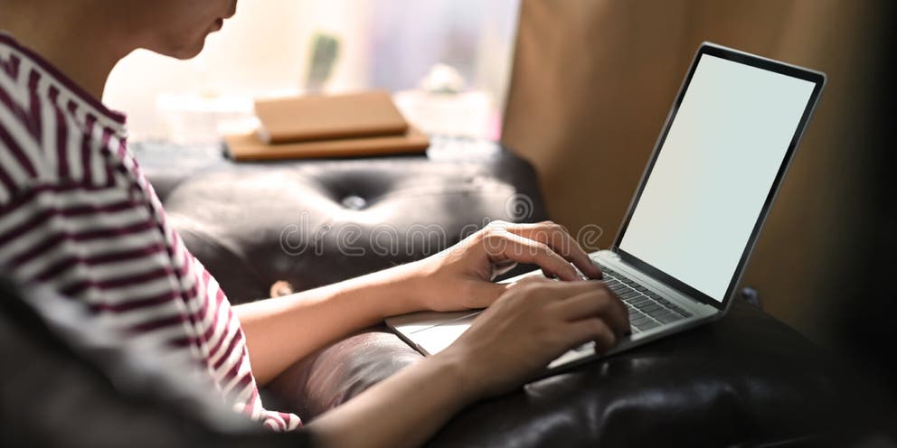Cropped Image of Creative Man Typing on White Empty Screen. Stock Image ...