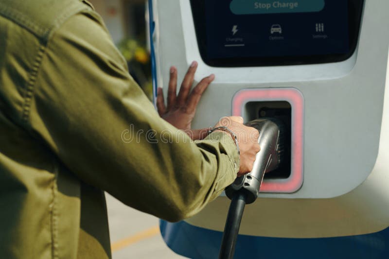 Charging Vehicle at Public Station Stock Image - Image of driver ...