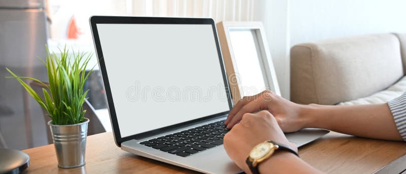 Cropped Image Hands are Using a Computer Laptop while Sitting at the ...