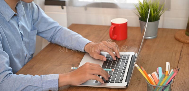Cropped Image Hands are Using a Computer Laptop. Stock Photo - Image of ...