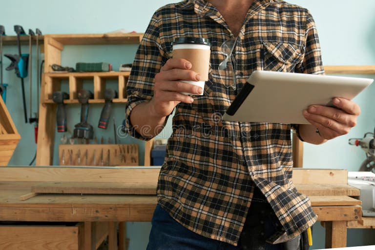 Carpenter with Digital Tablet Stock Image - Image of gadget, device ...