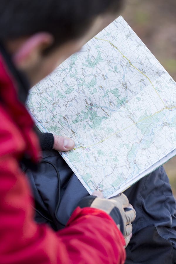 Hiker Reading a Map on a Sunny Day Stock Image - Image of searching ...