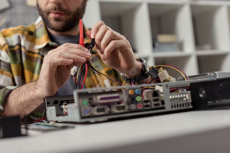 Cropped Image of Man Holding Wires in Hands while Fixing Stock Image ...