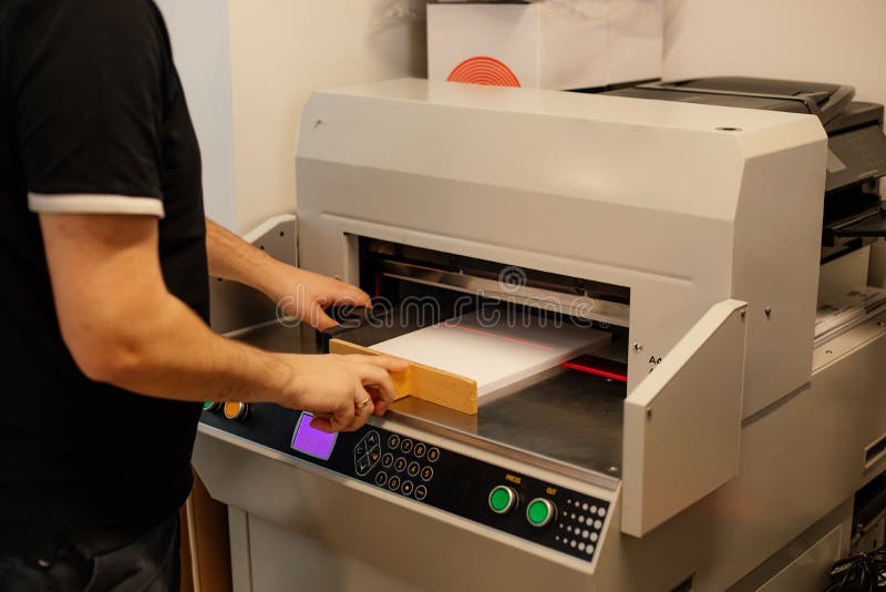 Cropped Image Man Worker Hands Paper Cutter Machine, Guillotine Offset ...