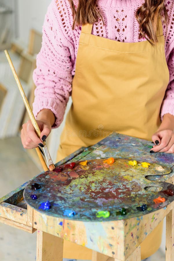 Cropped Image of Painter Applying Paints on Palette Stock Image - Image ...