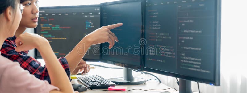 Professional Programer Looking Computer Desktop with Coding Program. AIG42. Stock Image - Image ...