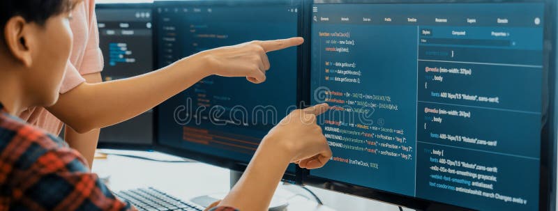 Professional Programer Looking Computer Desktop with Coding Program. AIG42. Stock Image - Image ...