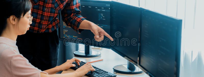Professional Programer Looking Computer Desktop with Coding Program. AIG42. Stock Image - Image ...