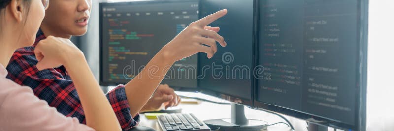 Professional Programer Looking Computer Desktop with Coding Program. AIG42. Stock Image - Image ...