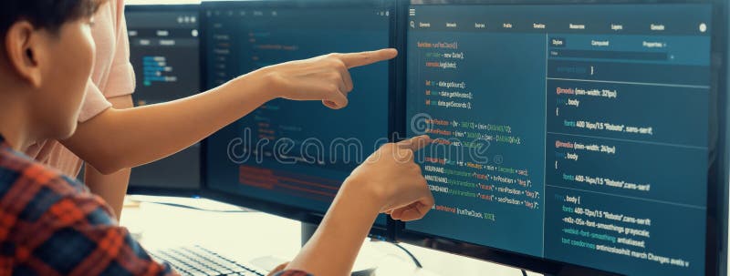 Professional Programer Looking Computer Desktop with Coding Program. AIG42. Stock Image - Image ...
