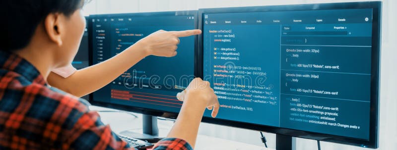 Professional Programer Looking Computer Desktop With Coding Program