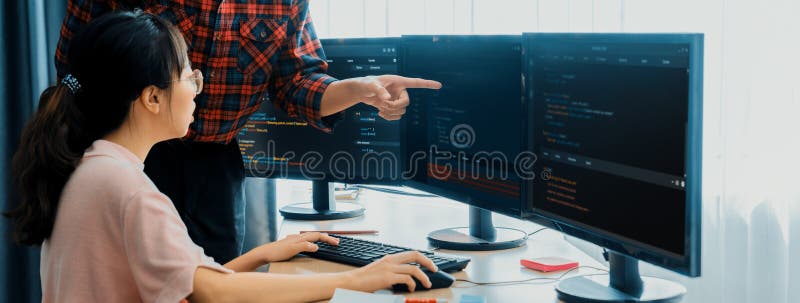 Professional Programer Looking Computer Desktop With Coding Program