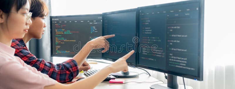 Professional Programer Looking Computer Desktop with Coding Program. AIG42. Stock Image - Image ...