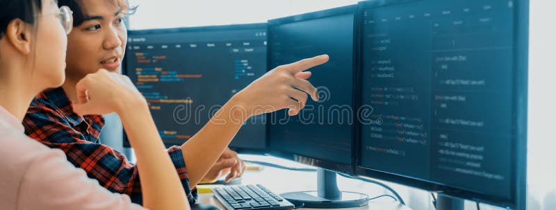 Professional Programer Looking Computer Desktop With Coding Program