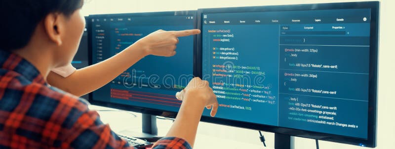 Professional Programer Looking Computer Desktop with Coding Program. AIG42. Stock Image - Image ...