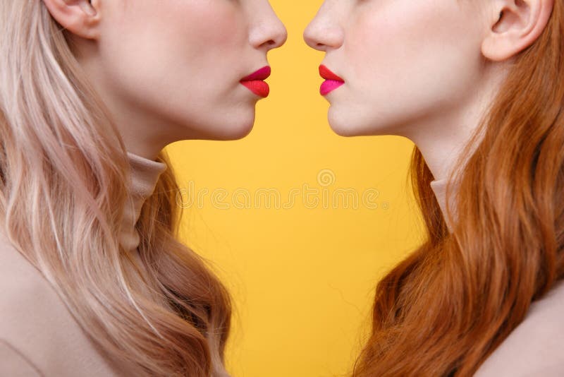 Cropped Image of Young Two Ladies with Bright Makeup Lips Stock Photo ...