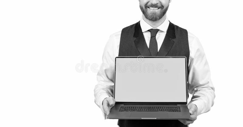 Cropped Man Presenting of Computer with Green Screen for Copy Space ...