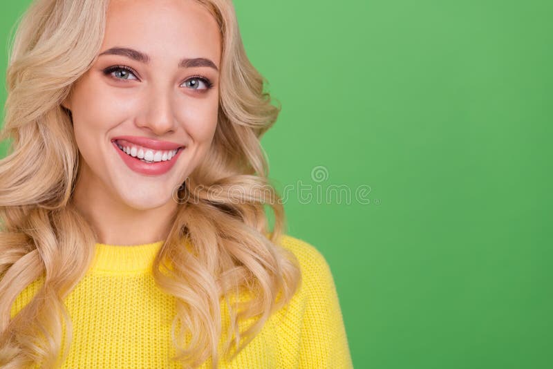 Cropped Photo Of Cute Young Blond Lady Near Promo Wear Yellow Sweater