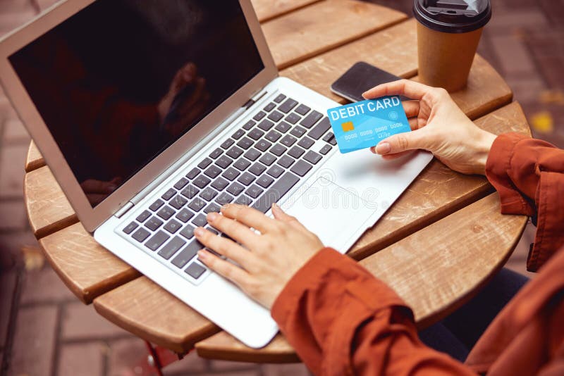 Hands of a Female Using a Card Stock Photo - Image of laptop, debit ...