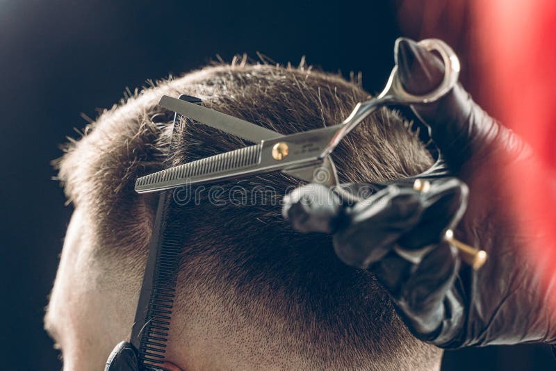 Cropped Shot of Barber Cutting Hair of Customer with Scissors Stock ...