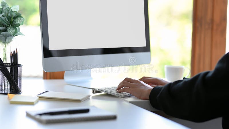 Cropped Shot of a College Girl Using Desktop Computer in Her Room Stock ...