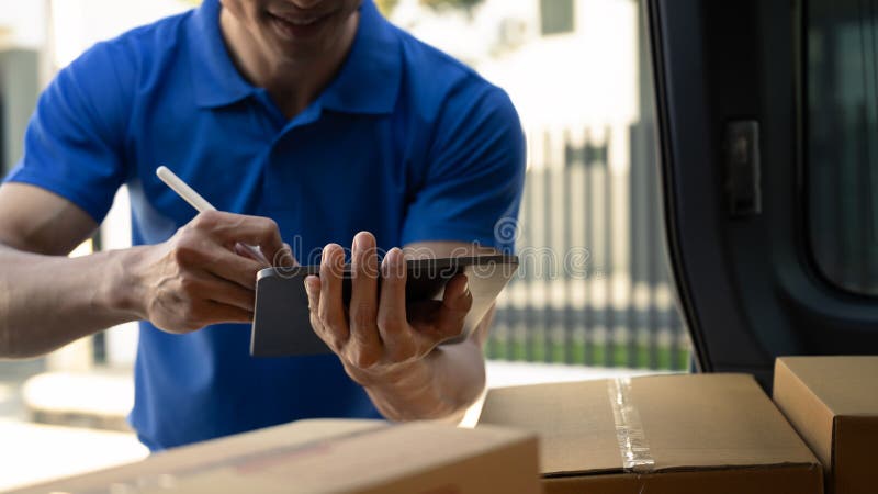 Cropped Shot of Delivery Man in Blue Uniform Standing at Open Van Full ...