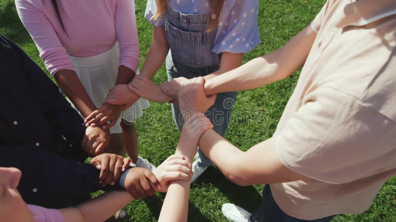 Cropped Shot of Diverse Students Make Circle with Hands Outdoors Stock ...