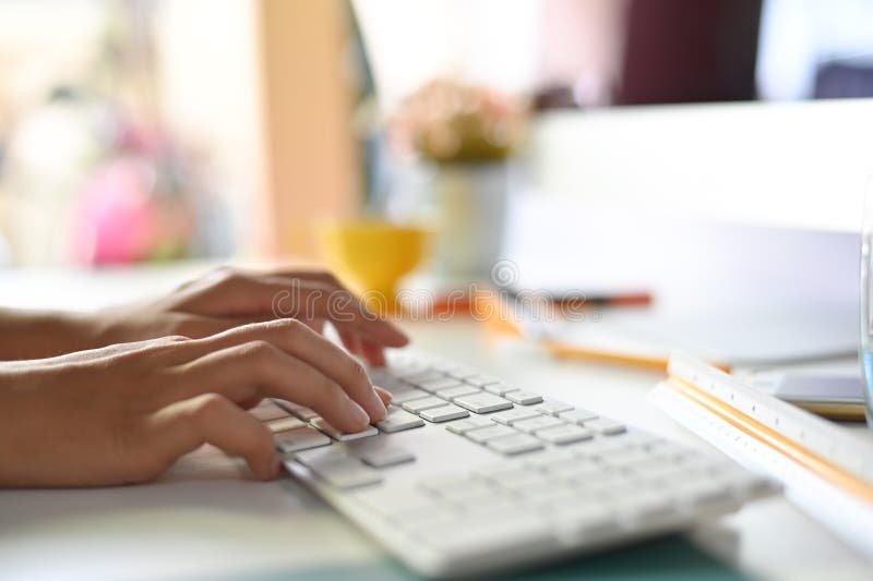 Cropped Shot Female Hands Using Computer, Typing on Keyboard Stock ...