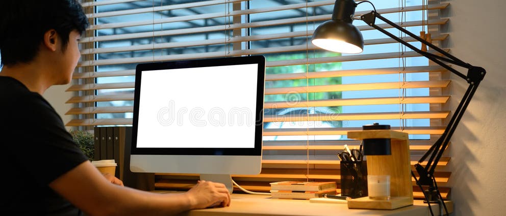 Cropped Shot Man Typing Mockup Computer with Blank Screen. Stock Photo - Image of screen, back ...