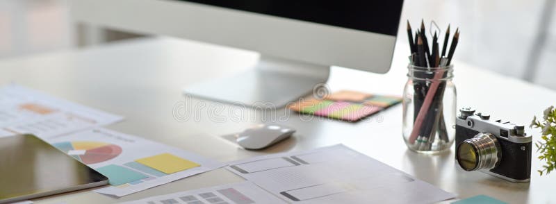 Cropped Shot of UI Developer Workspace with Computer, Stationery and ...
