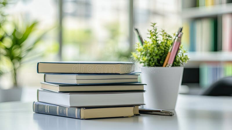 Cropped Shot of a White Table with Books and Stationery Featuring Copy ...