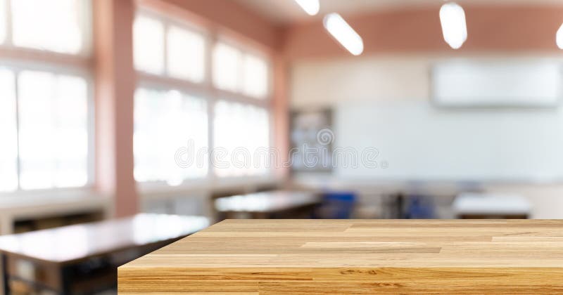 Cropped Shot of Wooden Table and Copy Space in Blurred Study Room.Empty ...
