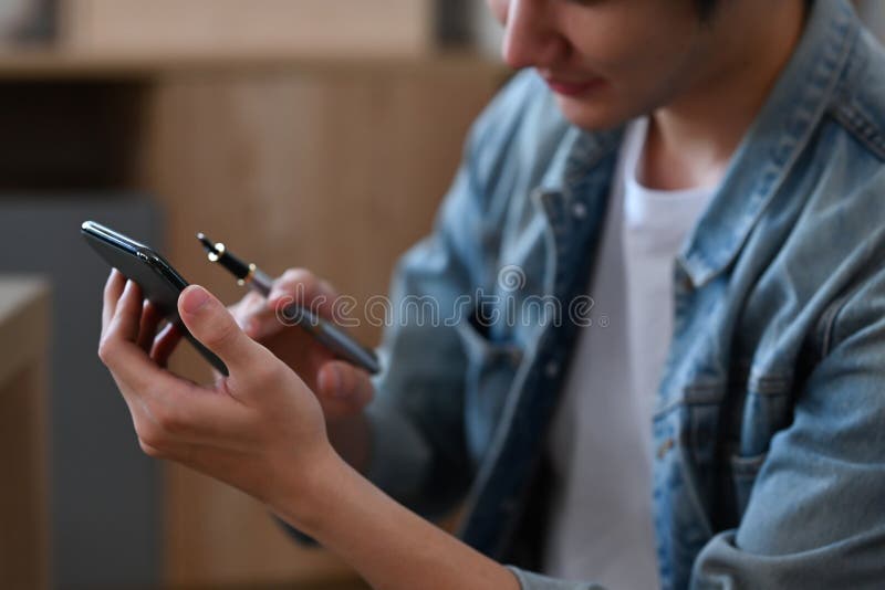 Cropped Shot Asian Man Texting Message on Smart Phone. Stock Image ...
