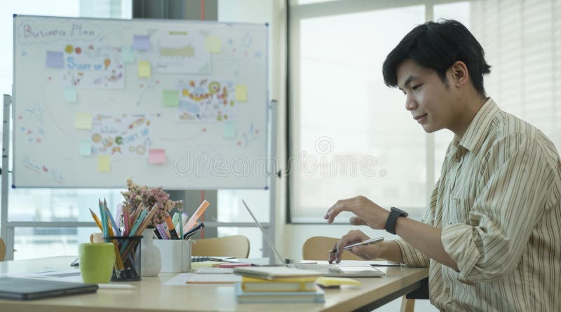 Cropped Shot of Young Creative Man Using Computer Laptop at Office Desk ...