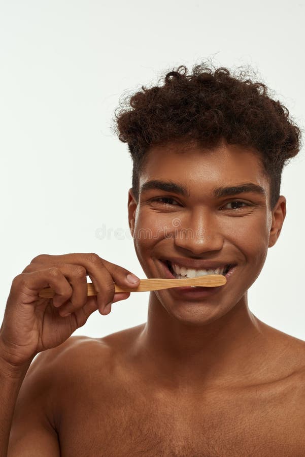 Cropped of Smiling Black Guy Brushing His Teeth Stock Photo - Image of ...