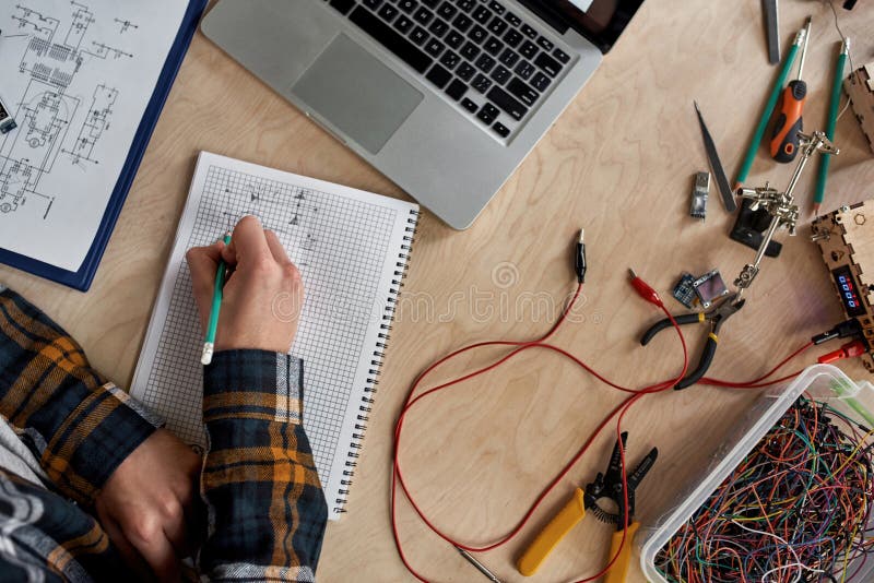 Cropped Top of it Engineer Write Technical Scheme Stock Image - Image ...