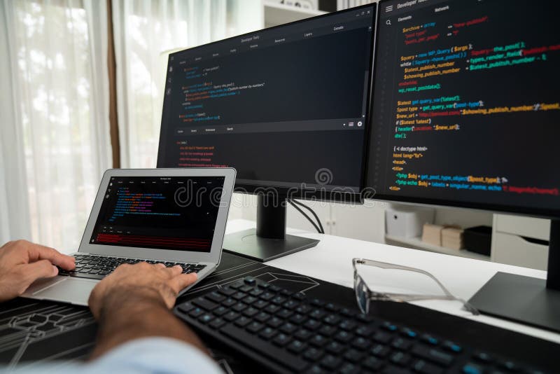 Cropped Typing Hands Photo in it Developer Working Coding on Laptop. Surmise. Stock Image ...