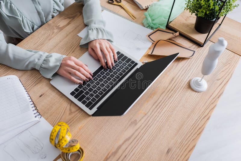 Cropped View of Designer Using Laptop Stock Photo - Image of scissors ...