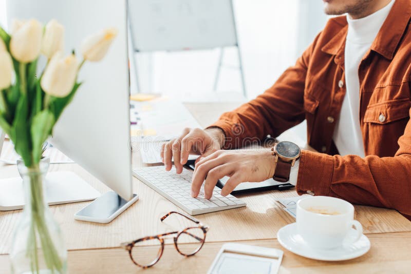 Cropped View of Developer Using Computer Near Templates of Ux Design ...