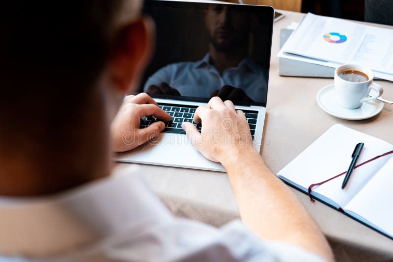 View of Freelancer Typing on Laptop Keyboard in Cafe Stock Photo ...