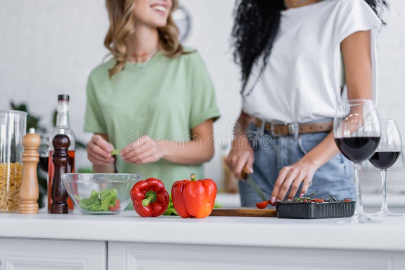 Cropped View Of Lesbian Couple Cooking Stock Image Image Of People