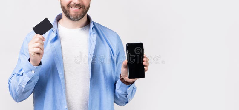 Cropped View of Man Paying Transaction Isolated on Studio Background ...
