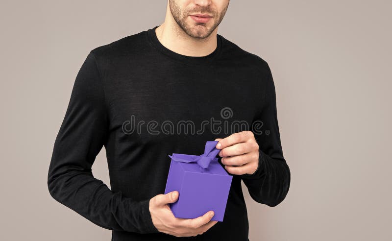 Cropped View of Man with Present Box in Studio. Present for Man. Box of ...