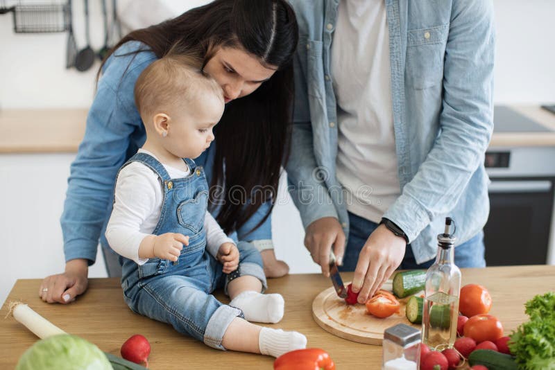Mother Teaching Baby Rules of Using Knives in Kitchen Stock Image ...